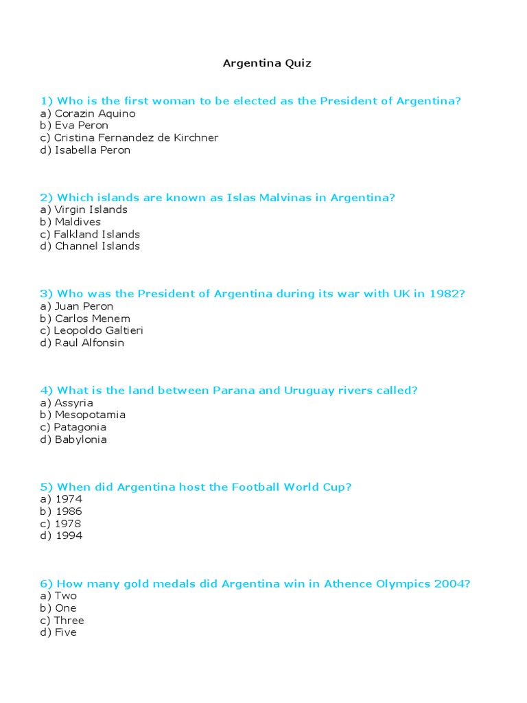 Argentina Quiz | Download Free PDF | Argentina | South America