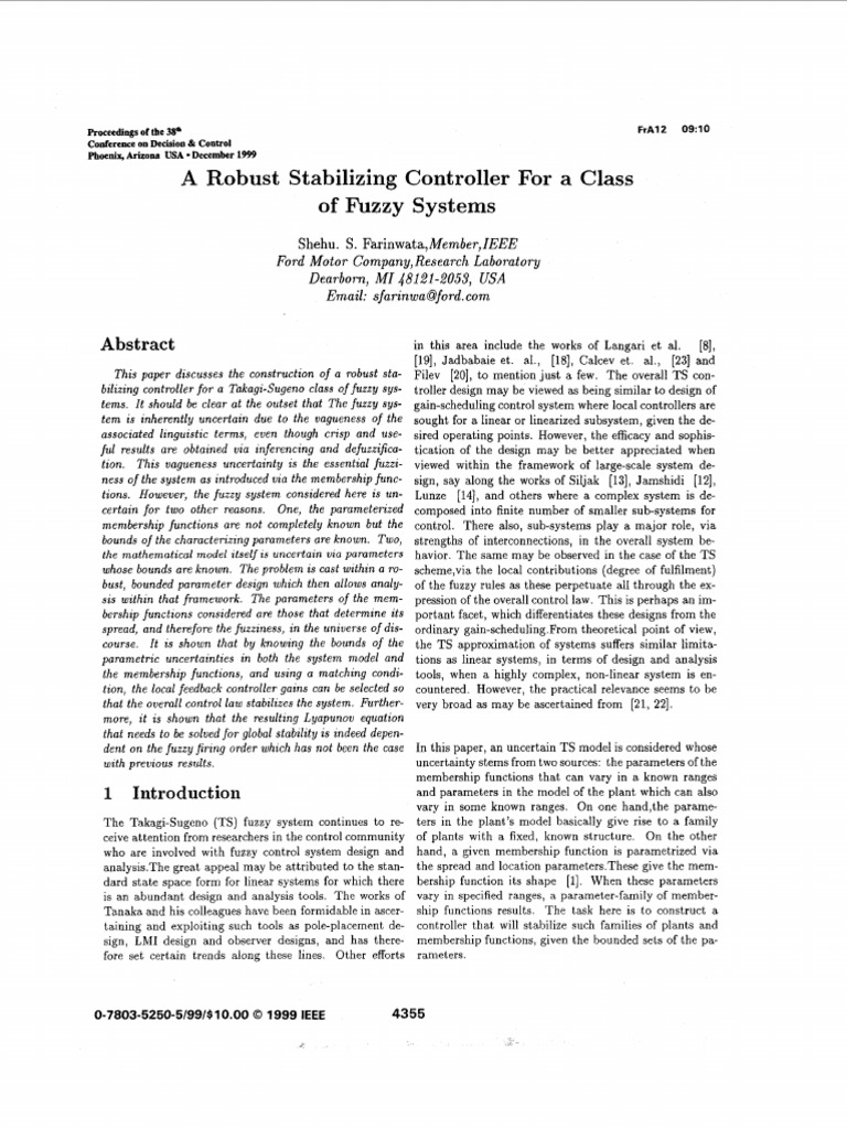 Robust Stabilizing Controller For Uncertain Fuzzy Systems | PDF | Control Theory | Cybernetics