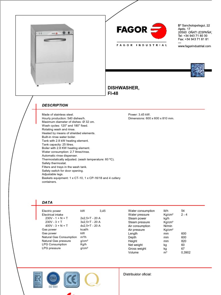 Stainless Steel Dishwasher Specs | PDF