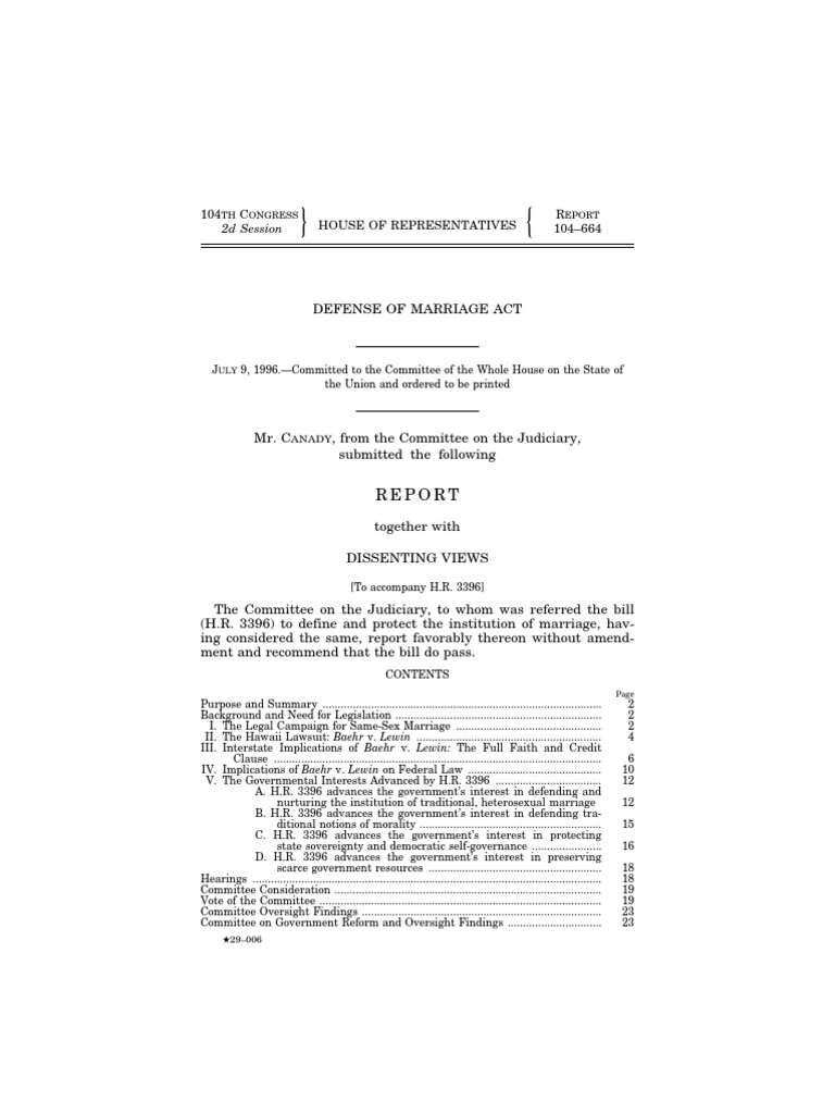 Defense of Marriage Act (DOMA), H.R. Report 104-664 (1996) | PDF ...
