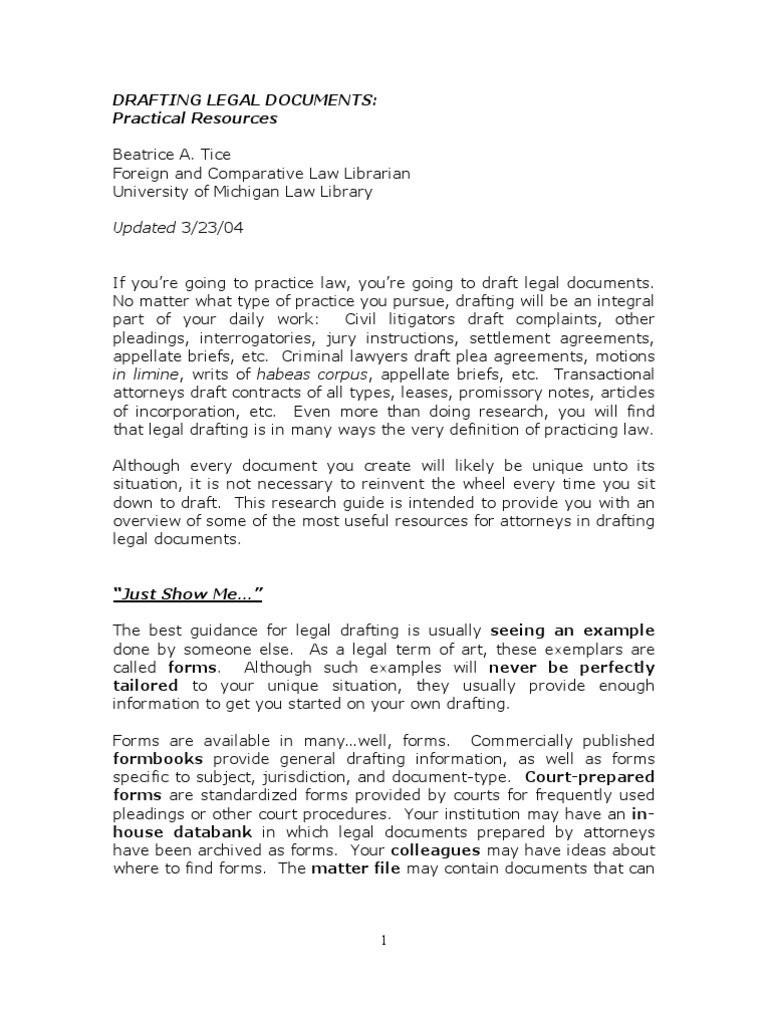 DRAFTING LEGAL DOCUMENTS: Practical Resources Beatrice A. Tice Foreign ...