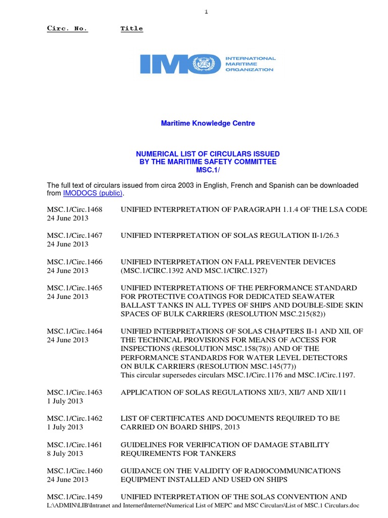 List of MSC Circulars | Dangerous Goods | Piracy