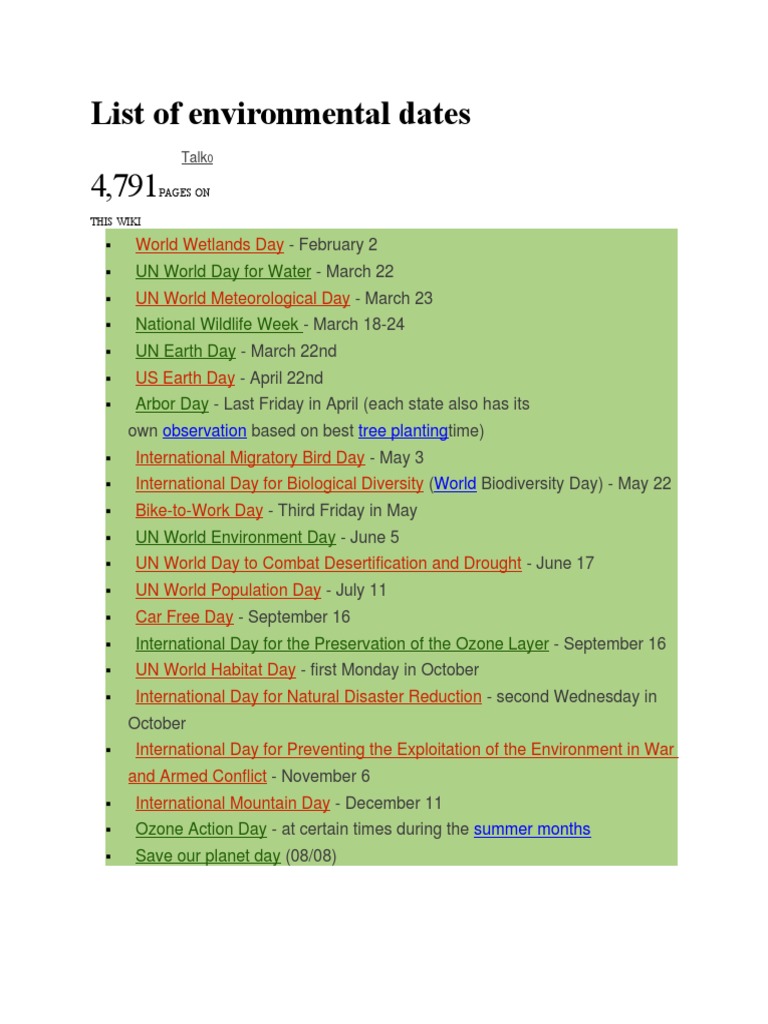 List of Environmental Dayst | PDF | Environmental Conservation | Earth