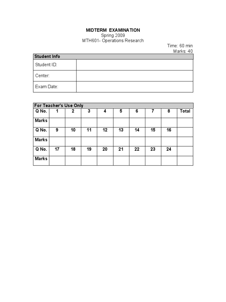 Spring 2009 Midterm Opkst Mth601 | Mathematical Optimization | Algorithms
