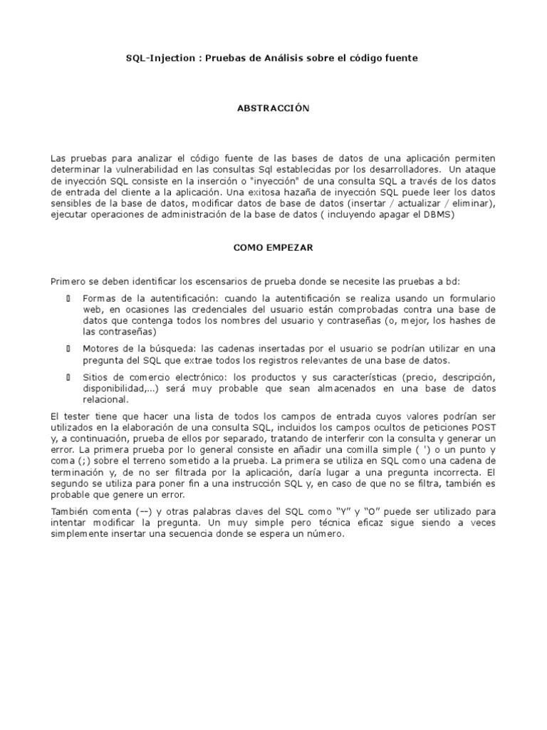 Pruebas SQL Injection QA | PDF | SQL | Bases de datos