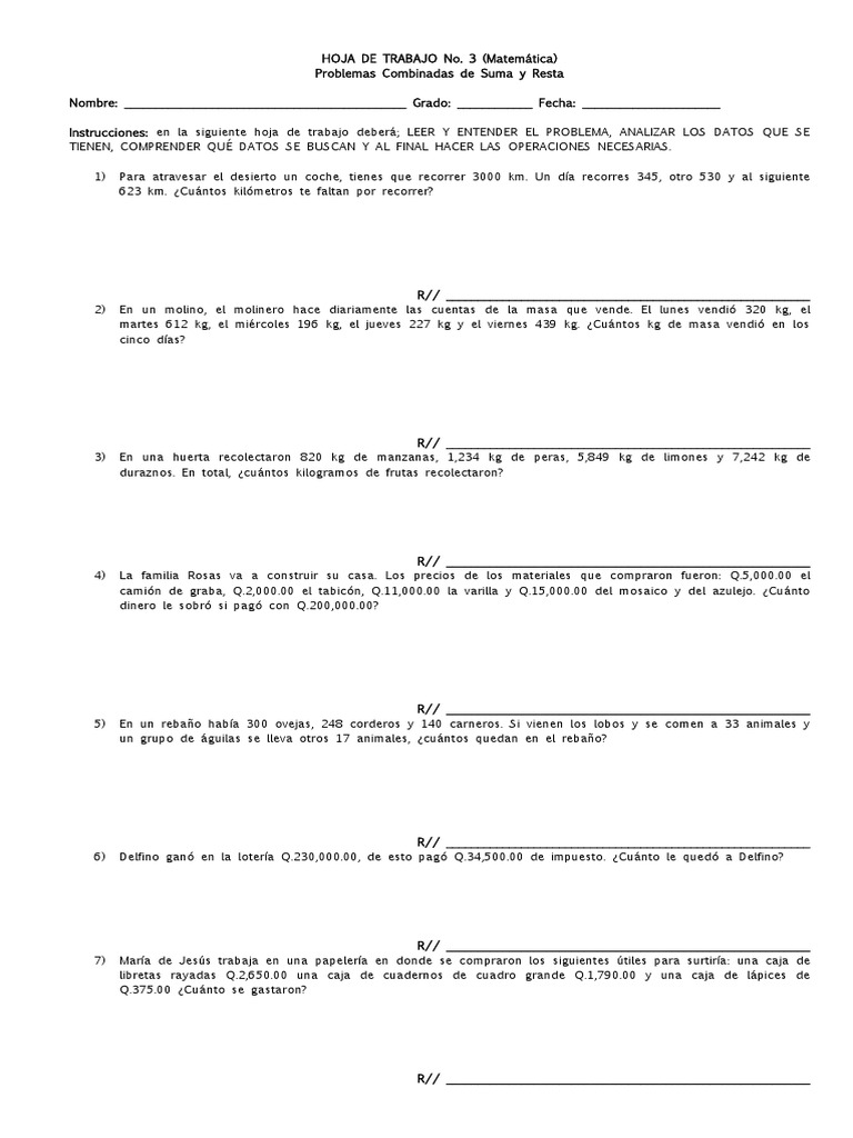 HOJA de TRABAJO No. 3 Problemas de Suma y Resta | PDF