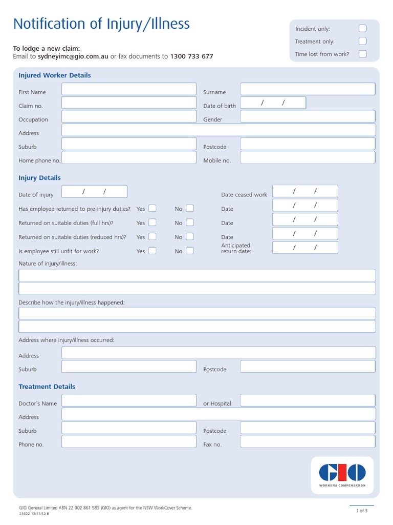 Injury Notification Form for GIO Claims | PDF | Employee Benefits ...