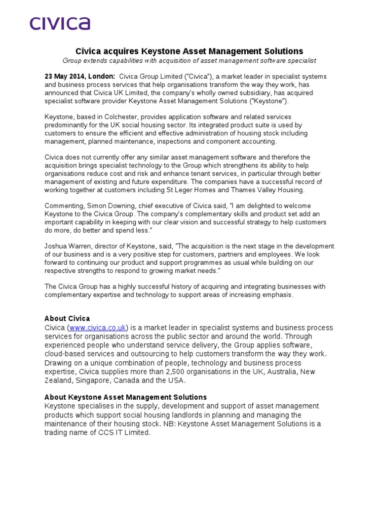 Civica Acquires Keystone Asset Management Solutions | PDF | Mergers And ...