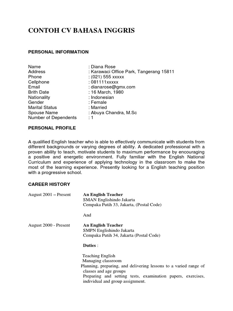 Contoh CV Bahasa Inggris | PDF | Teachers | Test (Assessment)