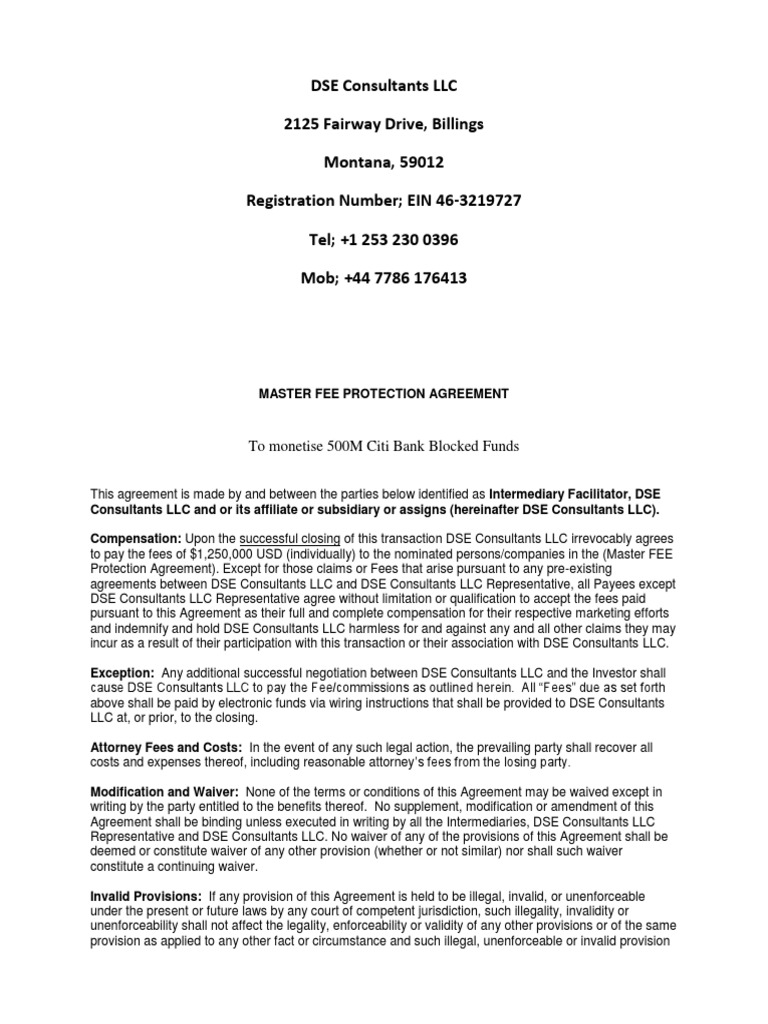 Master Fee Protection Agreement Dse Citi Bank 500m Blocked Funds ...