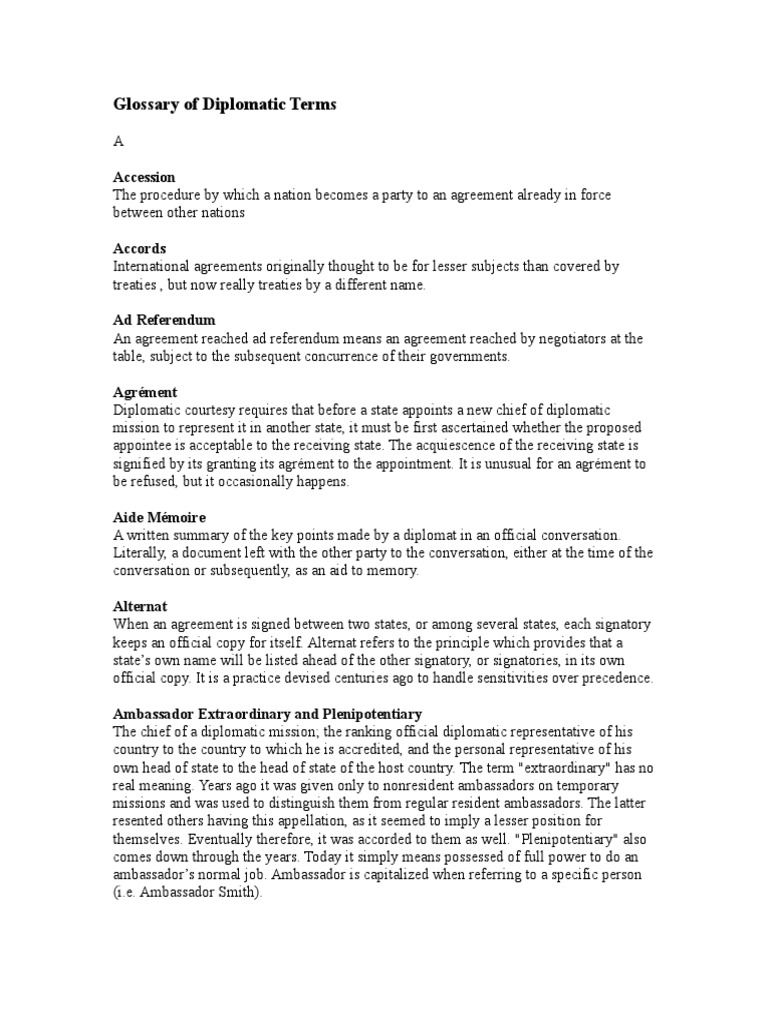 Glossary of Diplomatic Terms | PDF | Consul (Representative ...