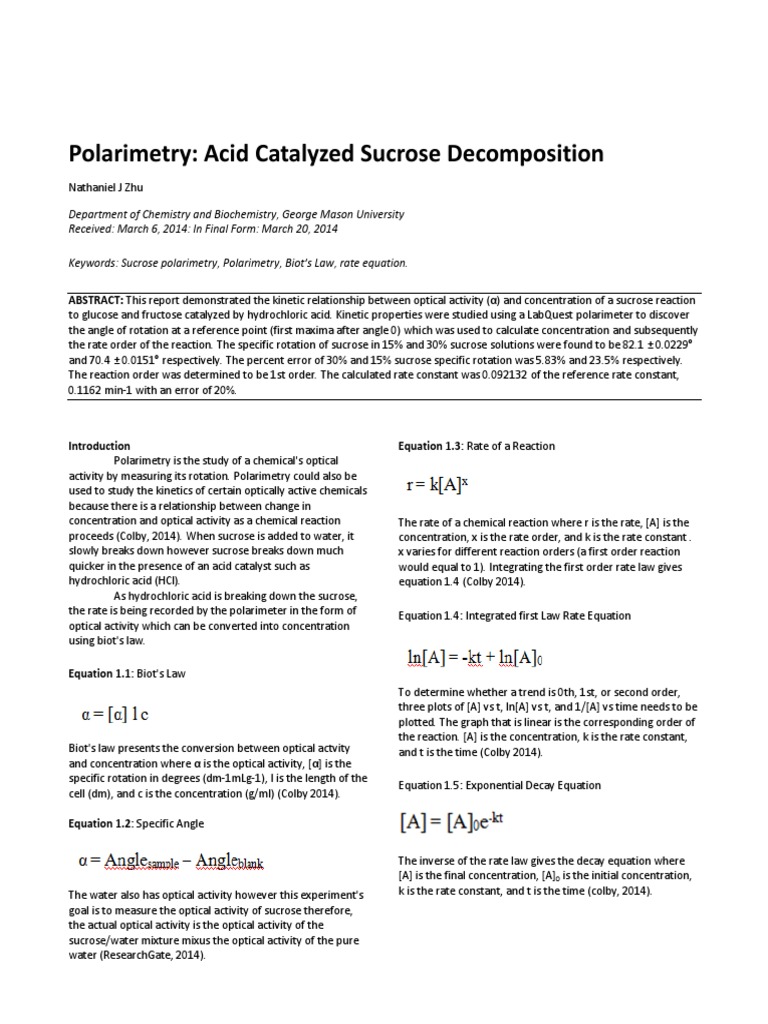 Polarimetry Reveals Sucrose Kinetics | PDF | Chemical Kinetics | Catalysis