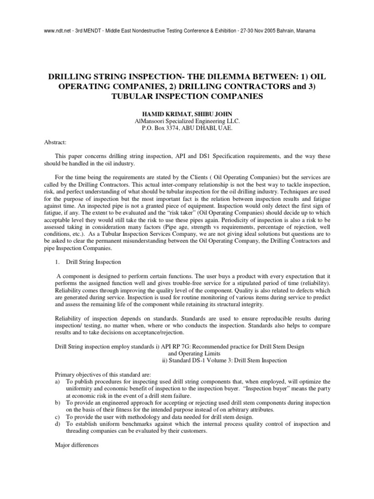 Drill String Inspection Standards Overview | PDF | Fracture | Fatigue ...