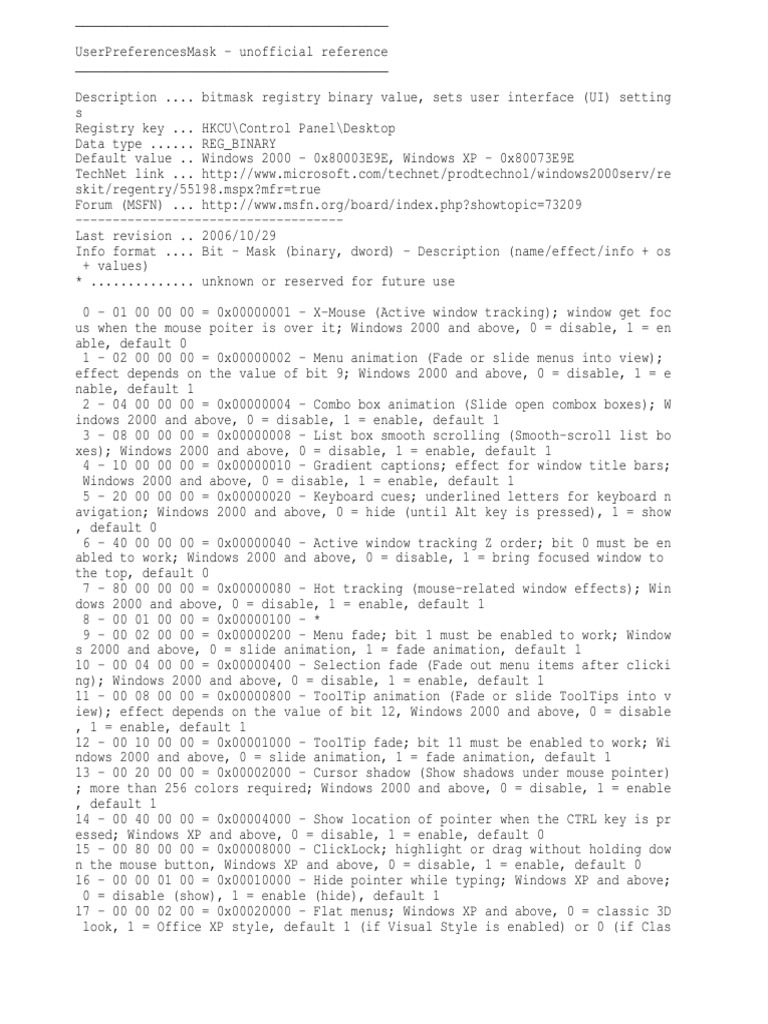 UserPreferencesMask 061029 | PDF | Windows 2000 | Computer Keyboard