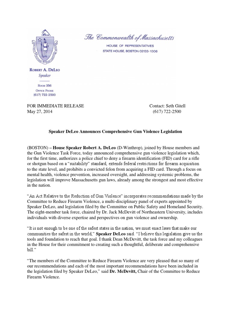 Speaker Deleo Announces Comprehensive Gun Violence Legislation | PDF ...