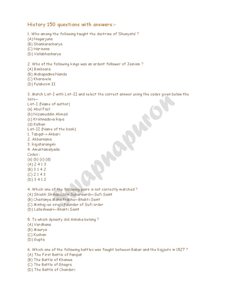 History 150 Questions With Answers | PDF | Religion And Belief