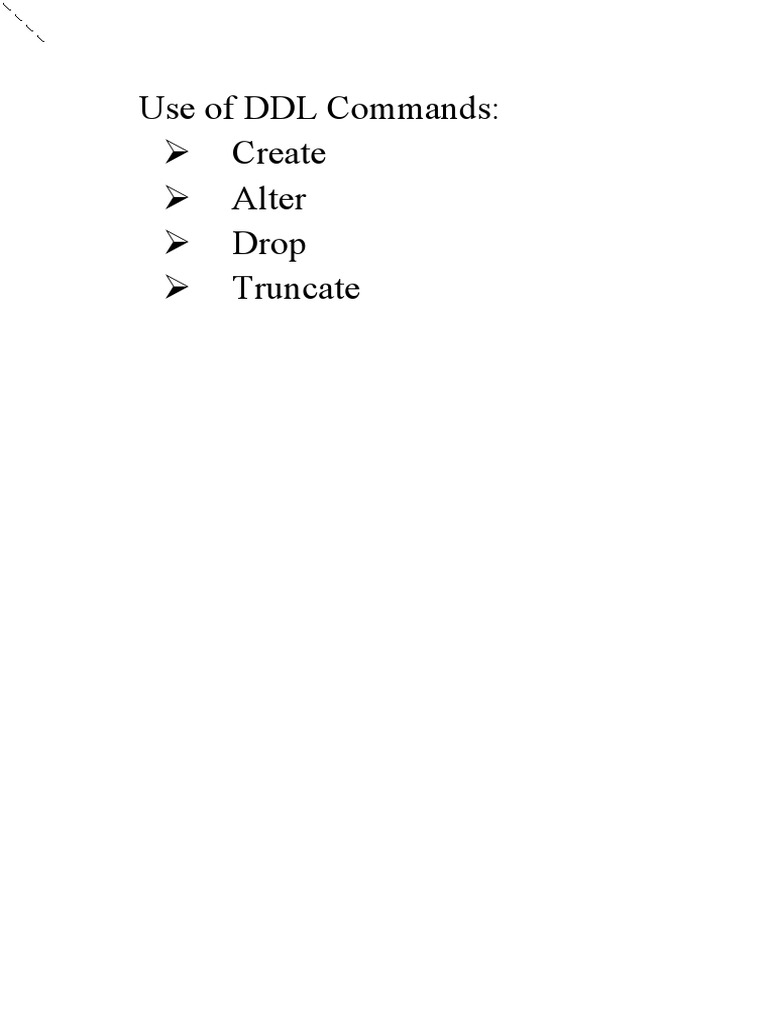 Use Of Ddl Commands Create Alter Drop Truncate Pdf Database Index Sql