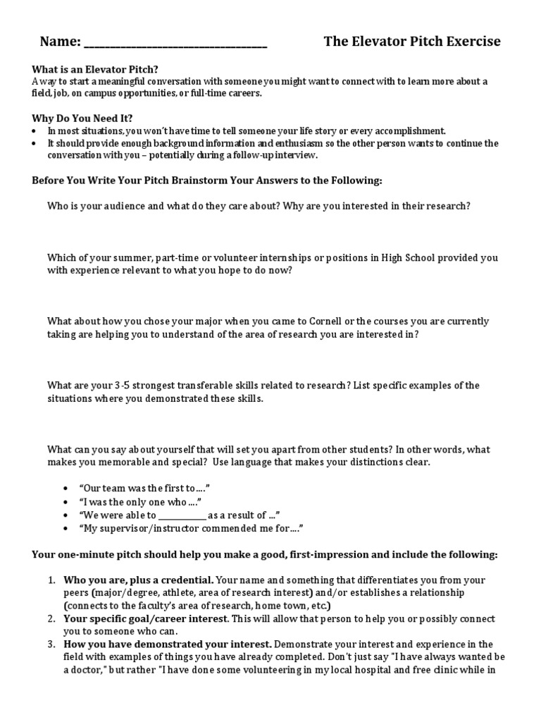 Elevator Pitch Exercise | PDF | Internship | Job Hunting