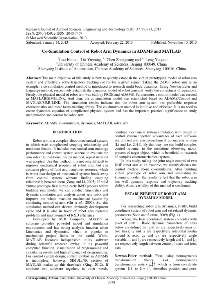 Co-Simulation Control of Robot Arm Dynamics in ADAMS and MATLAB | PDF ...