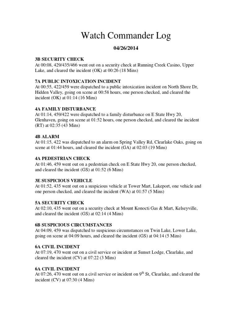 Daily Watch Commander Log Summary | PDF | Automobiles | Road Transport