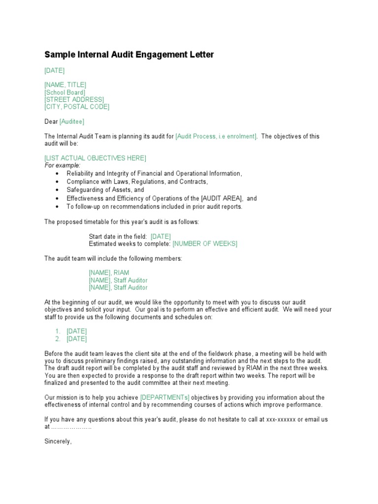 Internal Audit Engagement Letter Sample | PDF | Internal Audit | Accounting