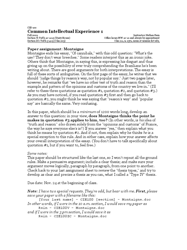 Common Intellectual Experience 1: Paper Assignment: Montaigne | PDF ...
