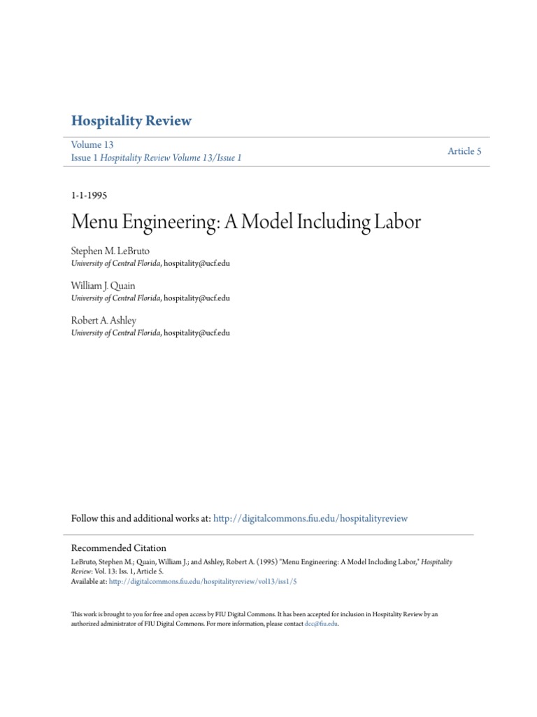 Menu Engineering - A Model Including Labor | PDF | Profit (Accounting ...