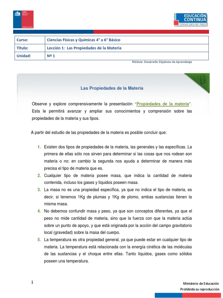 Leccion1 Las Propiedades de La Materia Unidad 1 | PDF | Importar | Gases