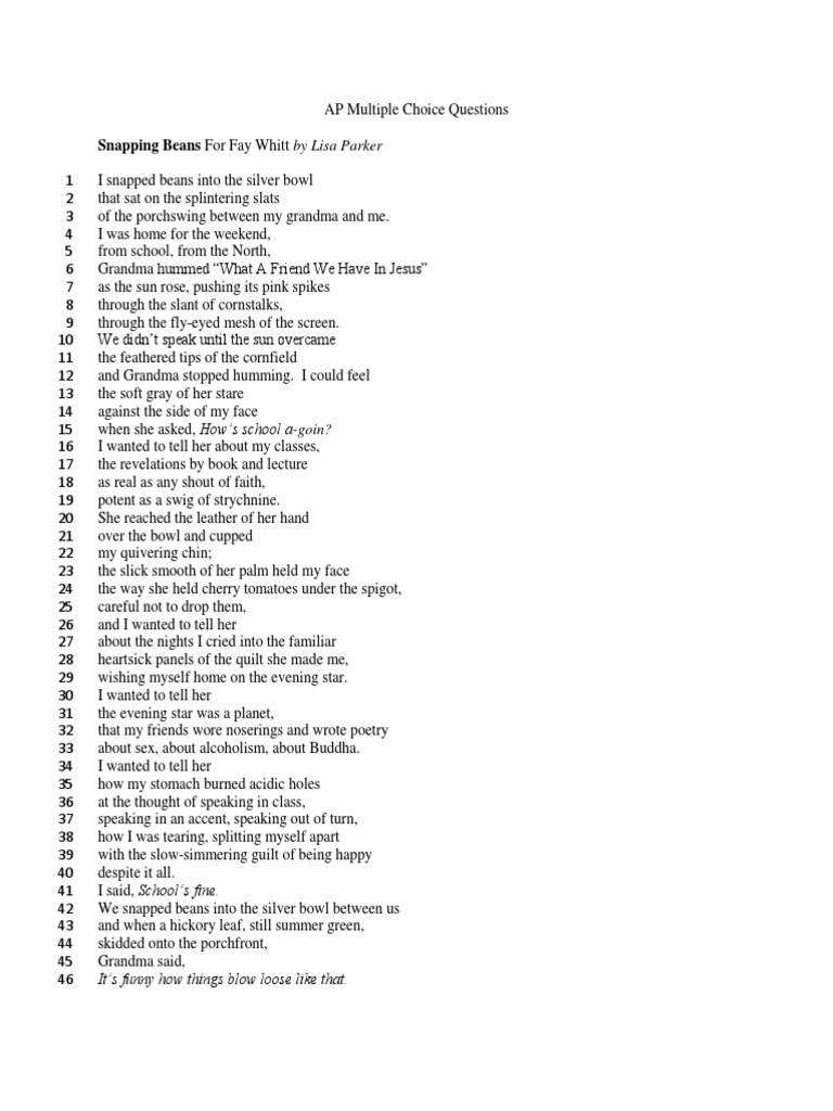 Analyzing "Snapping Beans" Poem | PDF | Poetry | Narration
