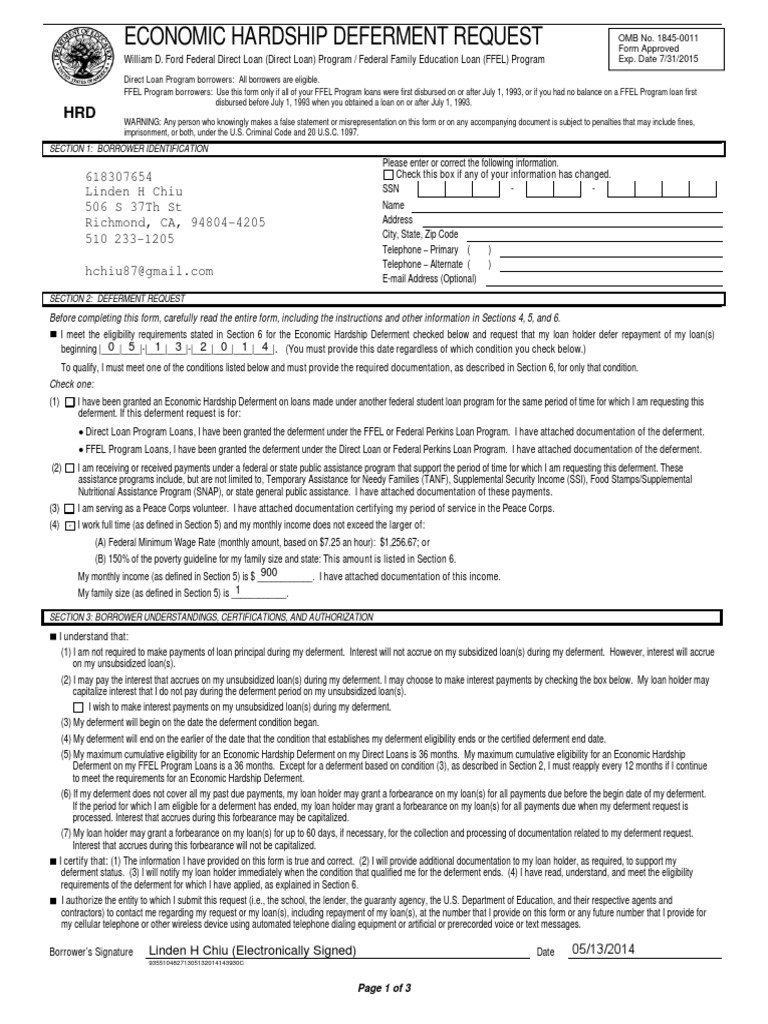 Economic Hardship Deferment Form | PDF | Student Loan | Interest