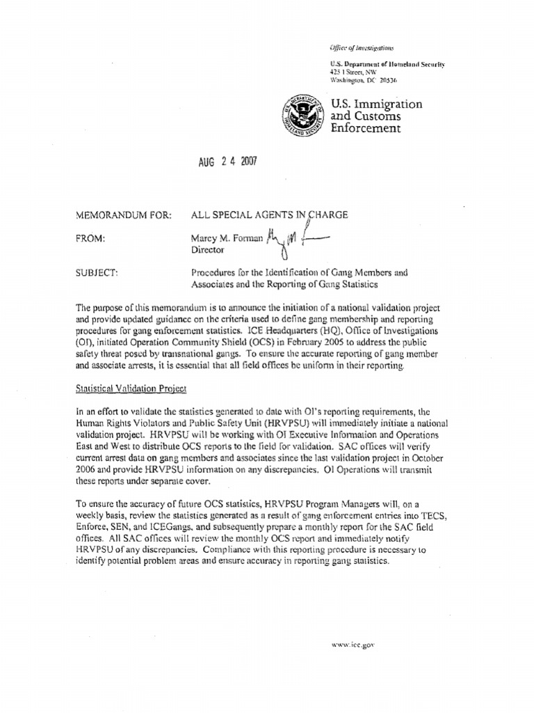ICE Guidance Memo - Procedures For Identification of Gang Members ...