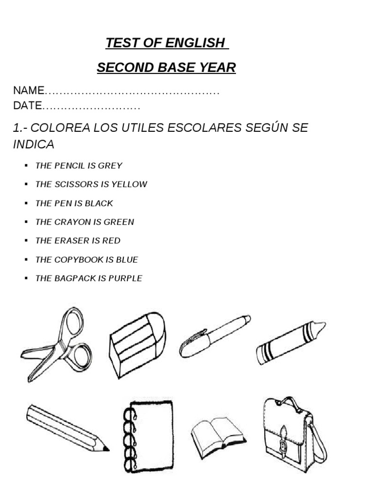 Evaluación de Inglés: Útiles Escolares | PDF | Estudios de idiomas ...