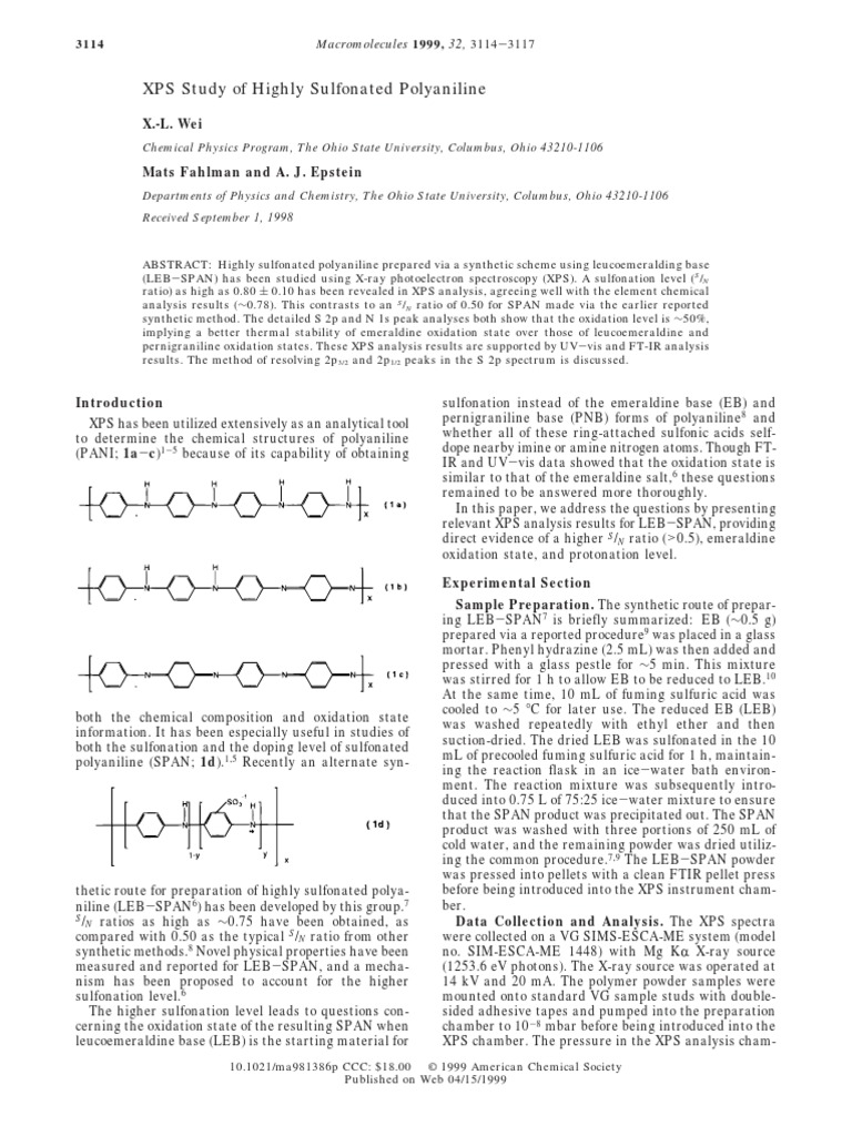 XPS Study of Highly Sulfonated Polyaniline: X.-L. Wei | PDF | X Ray ...