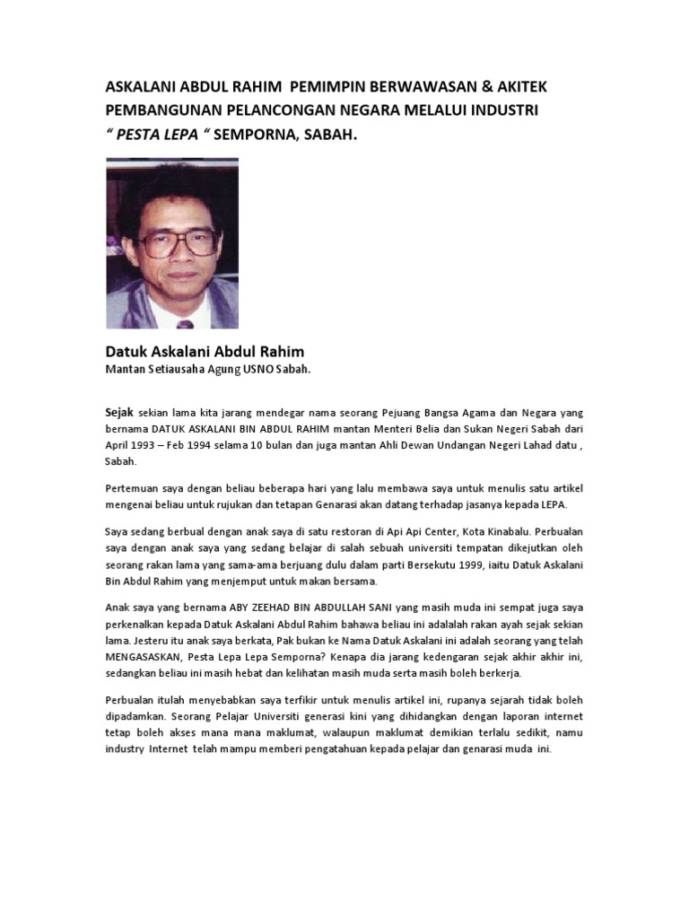 Datuk Askalani Abdul Rahim Akitek Pembangunan Pelancongan Negara | PDF