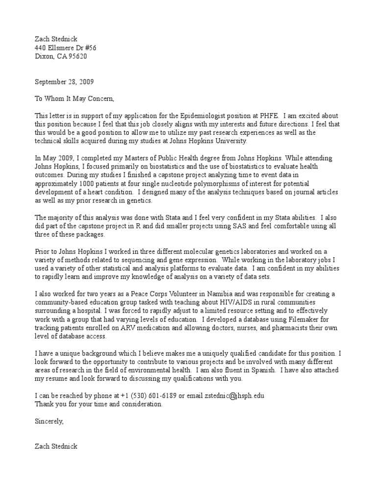 Epidemiologist Cover Letter | PDF | Biostatistics | Public Health