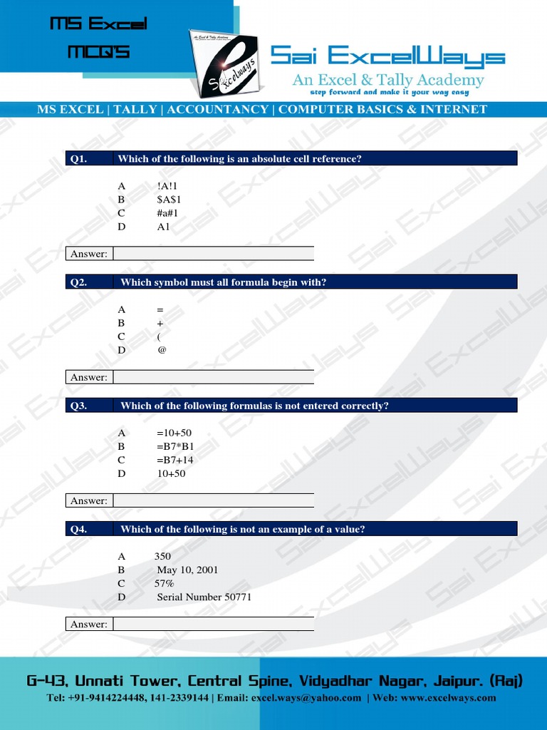 MS Excel MCQ 25 | Download Free PDF | Microsoft Excel | Software