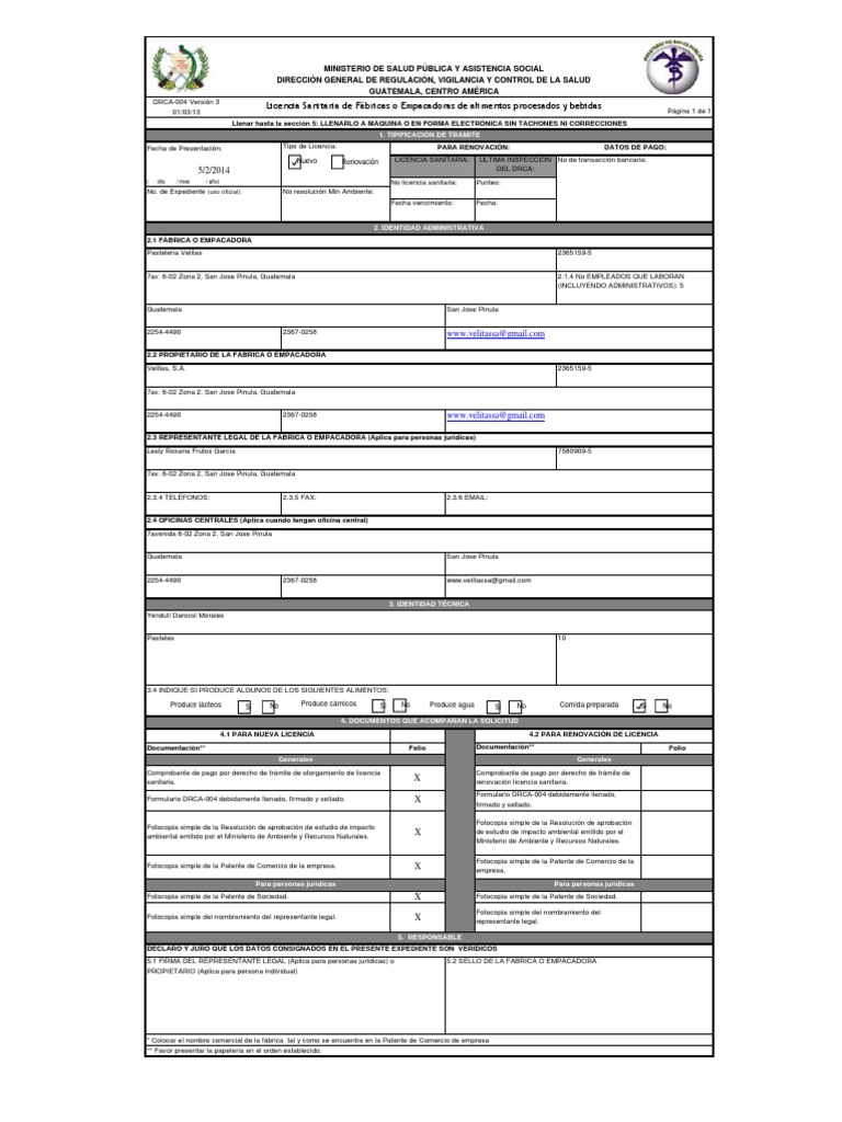 Formulario de Licencia Sanitaria Ministerio de Salud DRCA-004 | Patentar | Guatemala