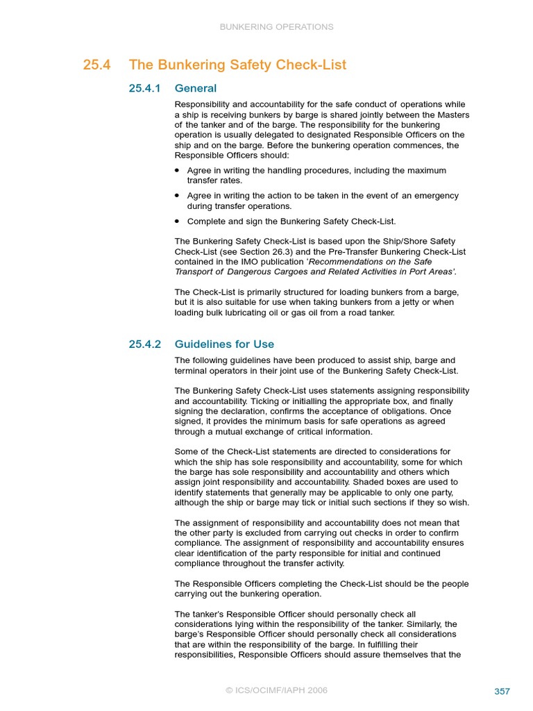 Bunkering Safety Checklist and Guidelines | PDF | Fuel Oil | Oil Tanker