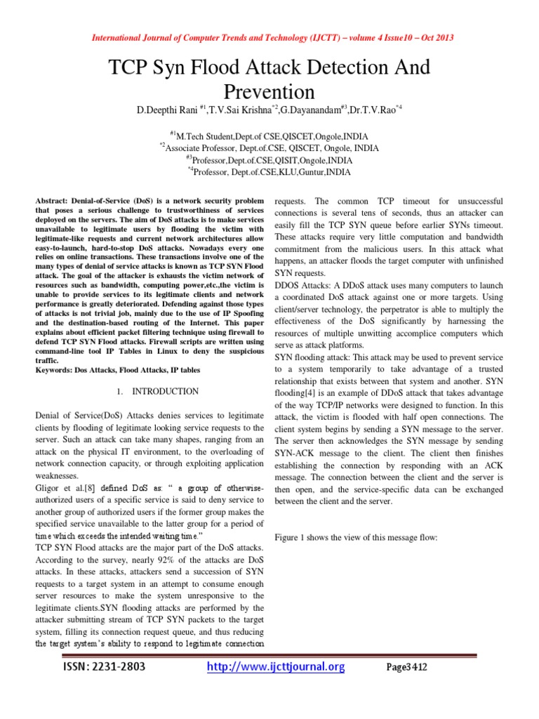 TCP Syn Flood Attack Detection and Prevention | PDF | Denial Of Service Attack | Transmission ...