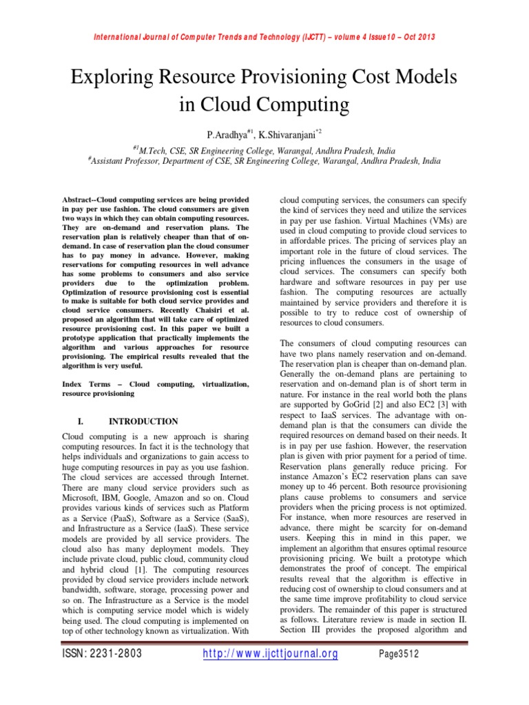 Exploring Resource Provisioning Cost Models in Cloud Computing | PDF | Cloud Computing | Computing