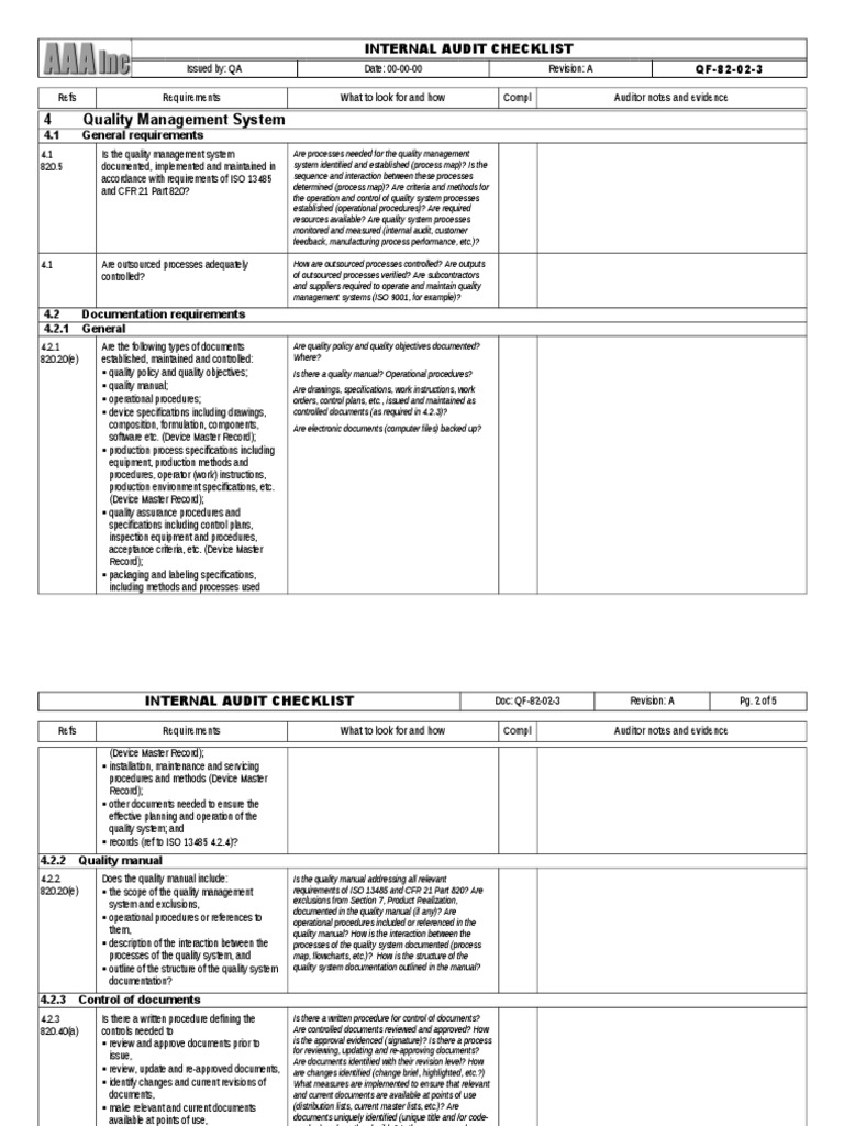 ISO 13485-2003 Audit Check List | Quality Management System | Audit