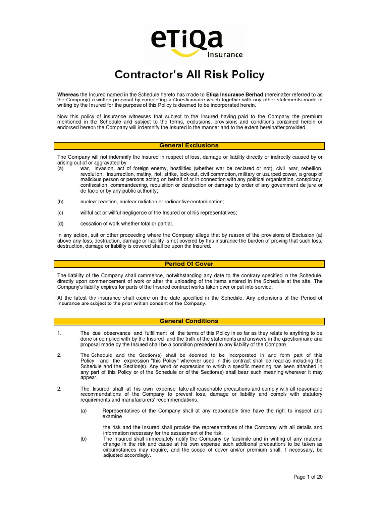 Contractor All Risks Policy | PDF | Indemnity | Costs In English Law
