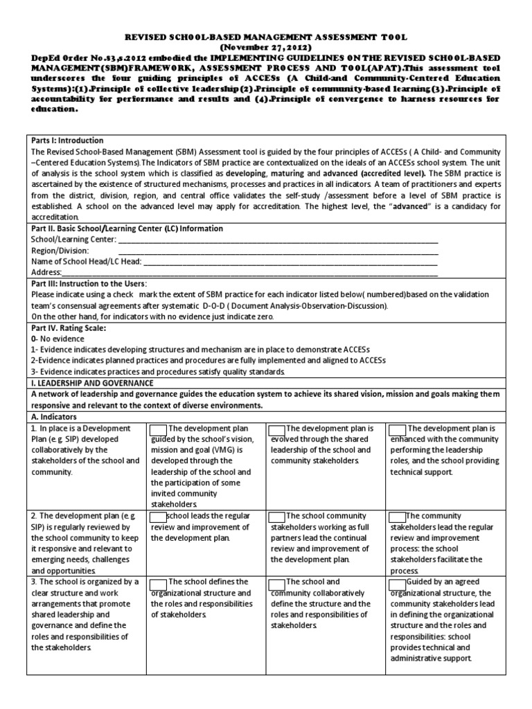 Revised School-Based Management Assessment Tool | PDF | Community ...