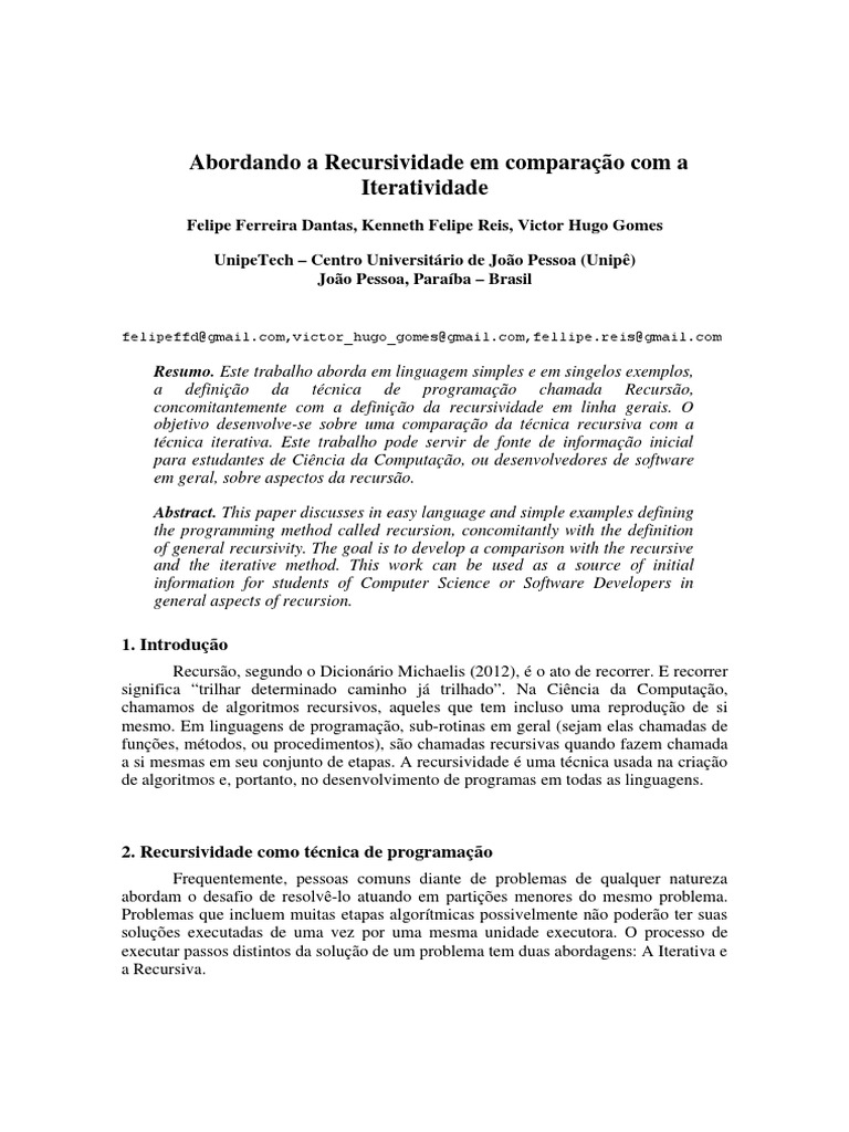 Abordando A Recursividade em Comparação Com A Iteratividade | PDF ... Abordando A Recursividade em Comparação Com A Iteratividade | PDF ...