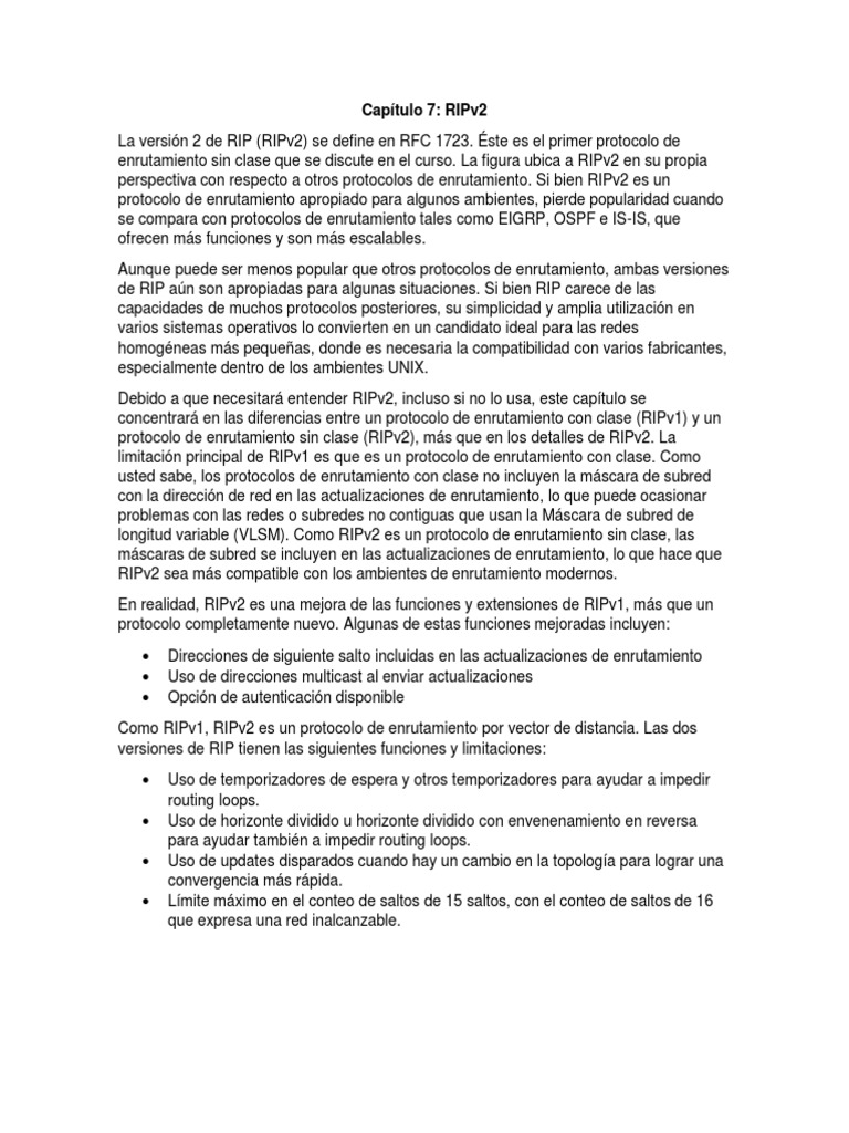 Resumen Capítulo 7 - RIPv2 | PDF | Enrutador (Computación) | Redes