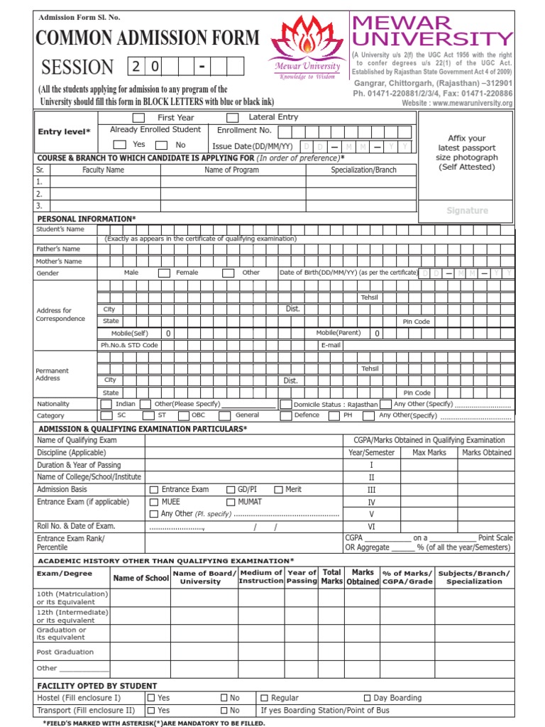 Mewar University Common Admission Form | PDF | University And College ...