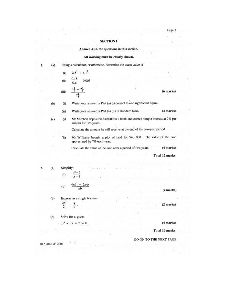 CXC Mathematics Paper 2 Past Paper June 2004 General