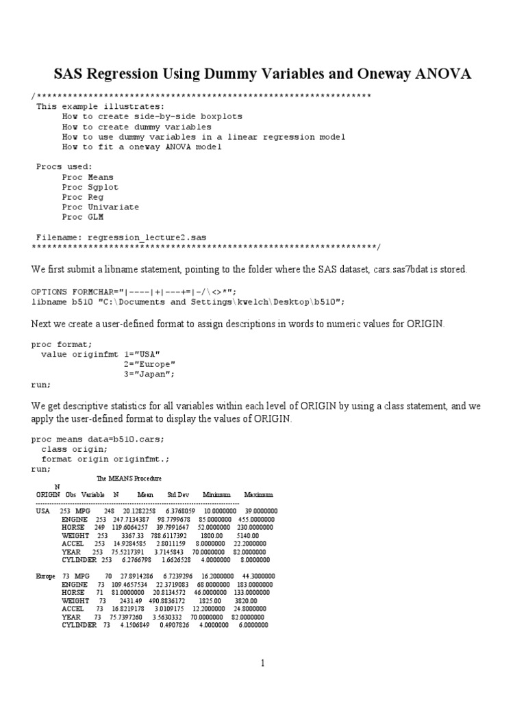 Dummy Variable Regression and Oneway ANOVA Models Using SAS | Download Free PDF | Errors And ...