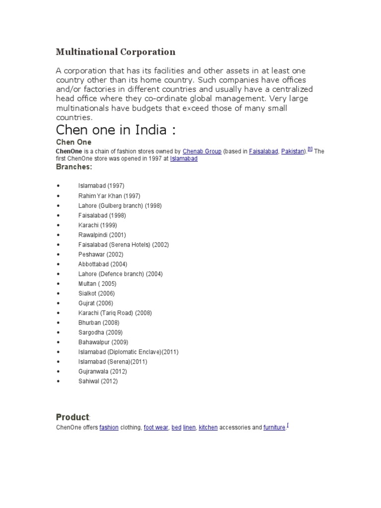 Chen One in India:: Multinational Corporation | PDF | Business | Economies