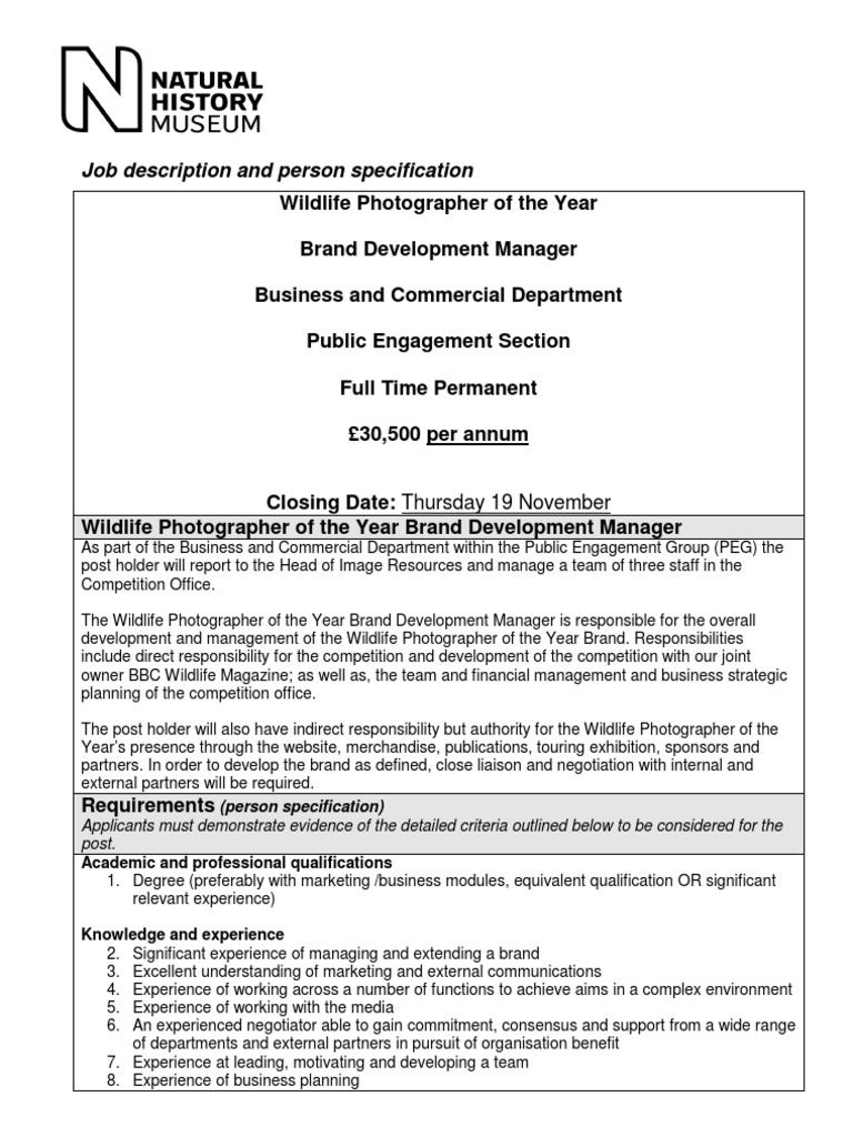 Job Description and Person Specification Wildlife Photographer of The ...